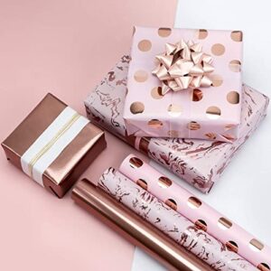 MAYPLUSS Wrapping Paper Roll - Mini Roll - 17 inch X 120 inch Per roll - 3 Different Metallic Rose Gold Design - Dots, Marble (42.3 sq.ft.ttl)