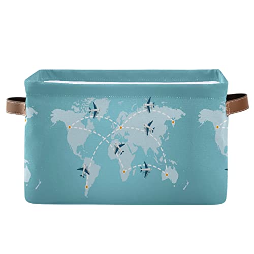 Foldable Storage Bins Cube Basket World Map Airplanes Closet Shelf Organizer with Dual Handles