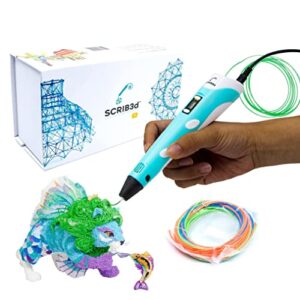 scrib3d p1 3d printing pen with display - includes 3d pen, 3 starter colors of pla filament, stencil book + project guide, and charger