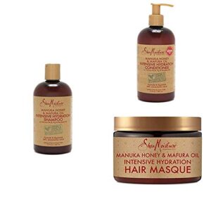 sheamoisture manuka honey & mafura oil intensive hydration shampoo, conditioner, and hydration intensive masque hair treatment