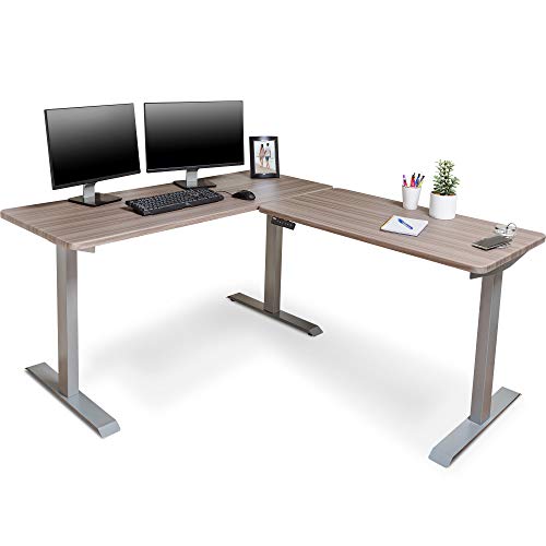 BRODAN Electric Standing L Desk with Power Charging Station, Adjustable Height Sit Stand Home Office Desk, L Shaped Computer Desk, 67x59 inches Corner Stand Up Desk, Oak Top with Gray Frame [Updated]