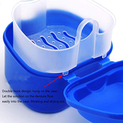 KISEER 2 Pack Denture Bath Case Cup Box Holder Storage Container with Denture Cleaner Brush Strainer Basket for Travel Cleaning (Light Blue and Blue)