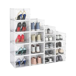 crestlive products shoe organizer, shoe storage boxes clear plastic stackable, foldable sneaker shoe containers for closet, storage bins, organizador de zapatos, shoe cubby(9pcs x-large & 9pcs medium)