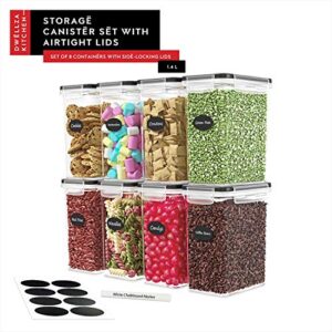 DWËLLZA KITCHEN Airtight Food Storage Container Set - 8 Pieces 1.4L - Plastic BPA Free Kitchen Pantry Storage Containers - Dishwasher Safe - Include 8 Labels - Keeps Food Fresh & Dry