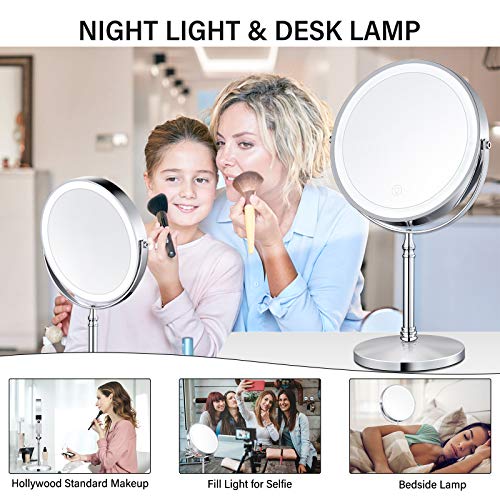 AMZTOLIFE 8" Lighted Makeup Mirror, 10X Makeup Mirror with Lights, Double Sided Dimmable Magnifying Mirror with Light, Rechargeable and Brightness Adjustable, Cordless Vanity Mirror with Lights