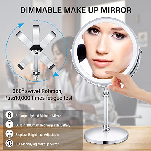 AMZTOLIFE 8" Lighted Makeup Mirror, 10X Makeup Mirror with Lights, Double Sided Dimmable Magnifying Mirror with Light, Rechargeable and Brightness Adjustable, Cordless Vanity Mirror with Lights