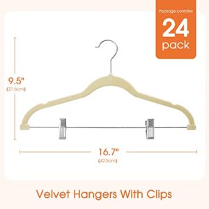 Cozymood Velvet Skirt Hangers - Pack of 24 - Velvet Hangers with Clips Ultra Thin Non Slip Velvet Pants Hangers Space Saving Clothes Hanger for Trouser, Skirts, Jeans, Dress (Beige)