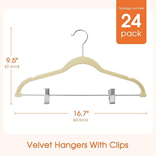 Cozymood Velvet Skirt Hangers - Pack of 24 - Velvet Hangers with Clips Ultra Thin Non Slip Velvet Pants Hangers Space Saving Clothes Hanger for Trouser, Skirts, Jeans, Dress (Beige)