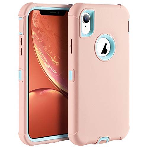 Sansunto for iPhone XR Case Pink, Silicone Durable Protective Heavy Duty Full Body Defender Shockproof Hybrid Hard PC & Soft Bumper Cover for Phone XR 6.1 inch (Grapefruit/Teal)