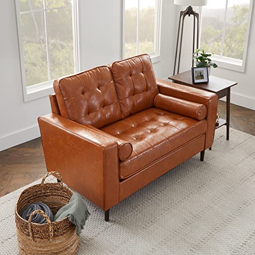 Edenbrook Lynnwood Upholstered Loveseat - Small Loveseat - Camel Faux Leather Loveseat - Living Room Furniture - Mid-Century Modern Loveseat - Includes Bolster Pillows