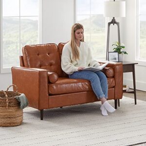 Edenbrook Lynnwood Upholstered Loveseat - Small Loveseat - Camel Faux Leather Loveseat - Living Room Furniture - Mid-Century Modern Loveseat - Includes Bolster Pillows