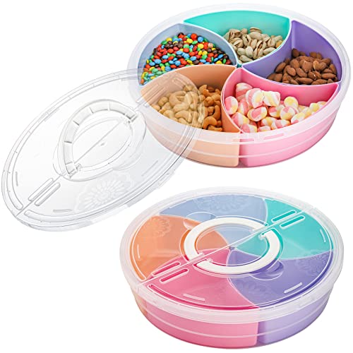 Cedilis 2 Pack Snack Serving Tray with Lid, 12inch Fruit Serving Container, 5 Colorful Compartment Round Appetizer Tray, Divided Plastic Food Storage Organizer Plate for Snack, Candy, Nut, Picnic