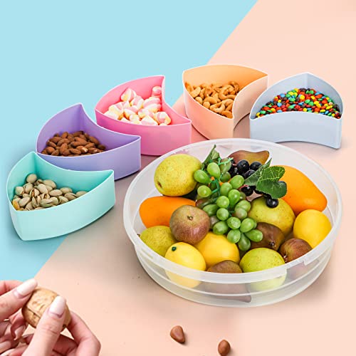 Cedilis 2 Pack Snack Serving Tray with Lid, 12inch Fruit Serving Container, 5 Colorful Compartment Round Appetizer Tray, Divided Plastic Food Storage Organizer Plate for Snack, Candy, Nut, Picnic