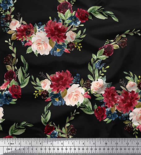 Soimoi Black Cotton Canvas Fabric Ranunculus & Penoy Floral Print Printed Craft Fabric by The Yard 44 Inch Wide