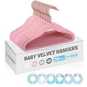 cozymood velvet baby hangers for closet 50 pack, non-slip baby clothes hangers with 6 pcs cute closet dividers, ultra-thin small hangers for kids clothes space saving infant & toddler hangers, pink