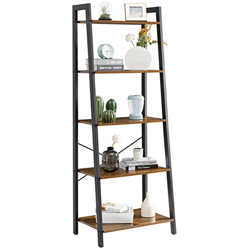 YMYNY Ladder Shelf, Industrial 5 Tier Bookshelf, Standing Bookcase, Multifunctional Open Storage Rack, Plant Stand, 23.6 x 15.5 x 67.3 inch, Metal Frame, Rustic Brown, UHTMJ017H