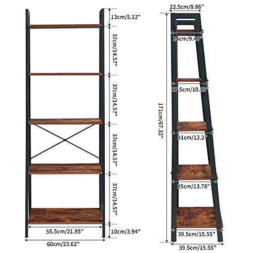 YMYNY Ladder Shelf, Industrial 5 Tier Bookshelf, Standing Bookcase, Multifunctional Open Storage Rack, Plant Stand, 23.6 x 15.5 x 67.3 inch, Metal Frame, Rustic Brown, UHTMJ017H