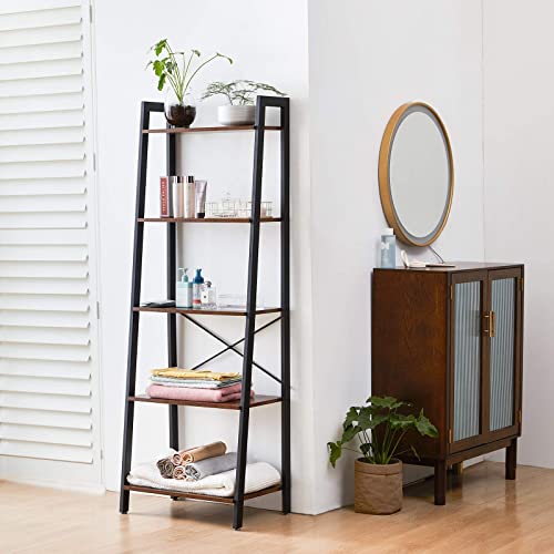 YMYNY Ladder Shelf, Industrial 5 Tier Bookshelf, Standing Bookcase, Multifunctional Open Storage Rack, Plant Stand, 23.6 x 15.5 x 67.3 inch, Metal Frame, Rustic Brown, UHTMJ017H