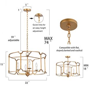 LALUZ Gold Chandelier, Modern Drum Chandelier, Dining Room Lighting Fixtures Hanging with Antique Gold Finish for Kitchen & Living Room, 22’’W x 15’’H