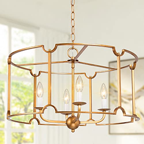 LALUZ Gold Chandelier, Modern Drum Chandelier, Dining Room Lighting Fixtures Hanging with Antique Gold Finish for Kitchen & Living Room, 22’’W x 15’’H