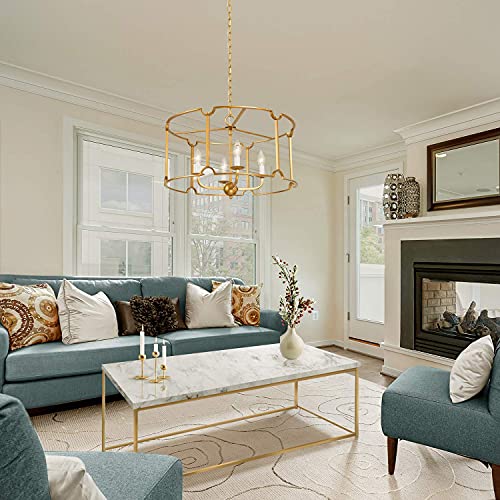 LALUZ Gold Chandelier, Modern Drum Chandelier, Dining Room Lighting Fixtures Hanging with Antique Gold Finish for Kitchen & Living Room, 22’’W x 15’’H