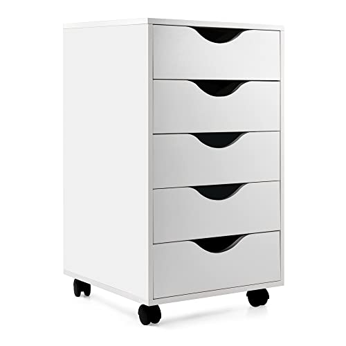 EDGEWOOD 5 Drawer Filing Cabinet Storage File Wood Organizer Dresser Chest, 16"D x 16"W x 26"H, White