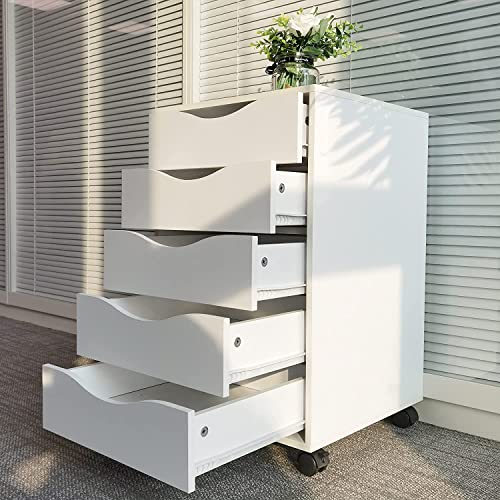 EDGEWOOD 5 Drawer Filing Cabinet Storage File Wood Organizer Dresser Chest, 16"D x 16"W x 26"H, White