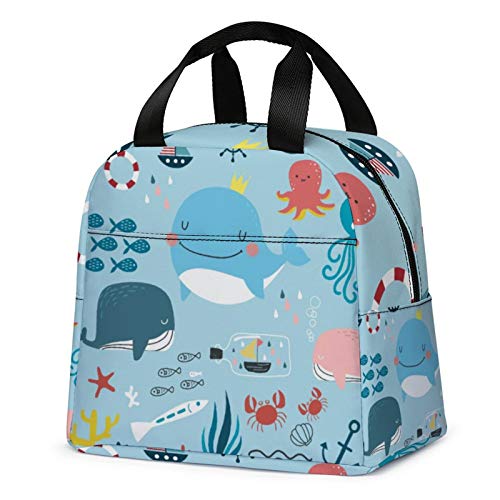 Lunch Bag for Kids, Cute Insulated Kids Lunch Box Container Reusable Cooler Lunch Tote Bag for Children Girls and Boys, School Picnic Travel Outdoors(Sky Blue with Whale)