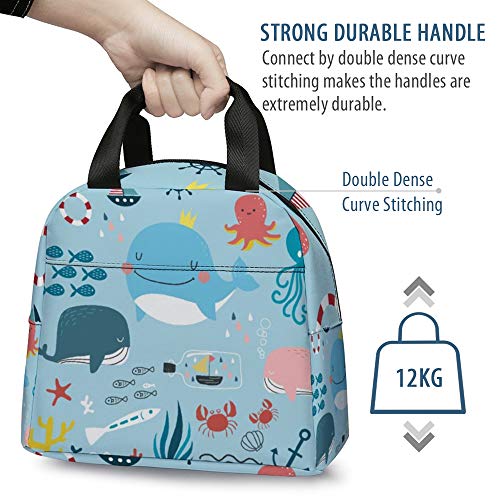 Lunch Bag for Kids, Cute Insulated Kids Lunch Box Container Reusable Cooler Lunch Tote Bag for Children Girls and Boys, School Picnic Travel Outdoors(Sky Blue with Whale)