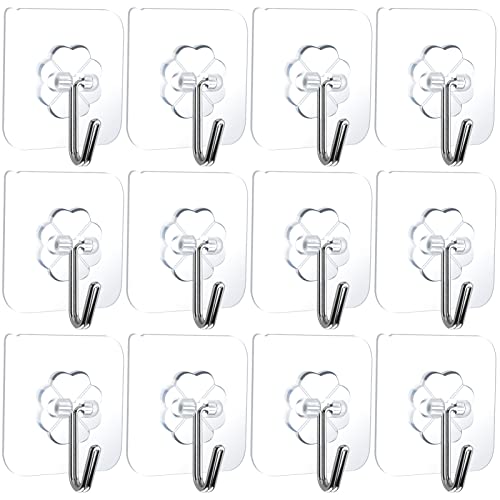 48Pcs Adhesive Hooks 22lb(Max) Heavy Duty Wall Hooks Waterproof Oilproof Utility Hooks Clear Reusable Strong Sticky Self Adhesive Hooks Coat Hat Towel Hanger for Bathroom Shower Kitchen Door