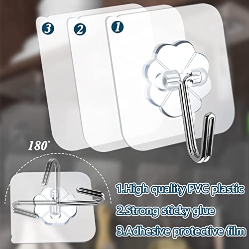 48Pcs Adhesive Hooks 22lb(Max) Heavy Duty Wall Hooks Waterproof Oilproof Utility Hooks Clear Reusable Strong Sticky Self Adhesive Hooks Coat Hat Towel Hanger for Bathroom Shower Kitchen Door