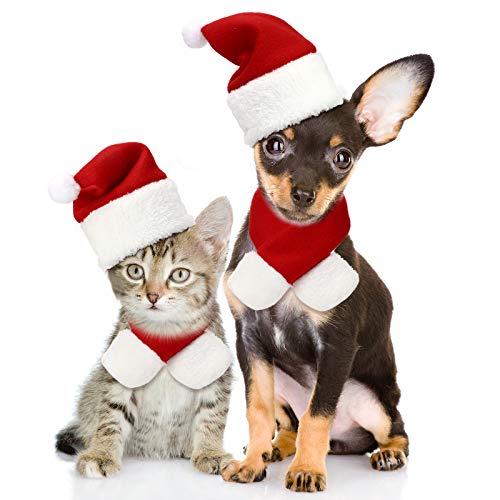 3 Sets Cat Santa Hat with Scarf Christmas Pet Outfit Adjustable Pet Costume Set Pet Santa Clause Apparel Puppy Dog Santa Hat New Year