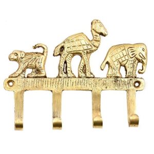 Indian Shelf 2 Pack Wall Key Hooks | Gold Coat Hook for Wall | Brass Mudroom Hooks | Camel Elephant Four Prong Towel Hook | Kids Wall Hook | Coat Rack for Wall [17.28 cm]