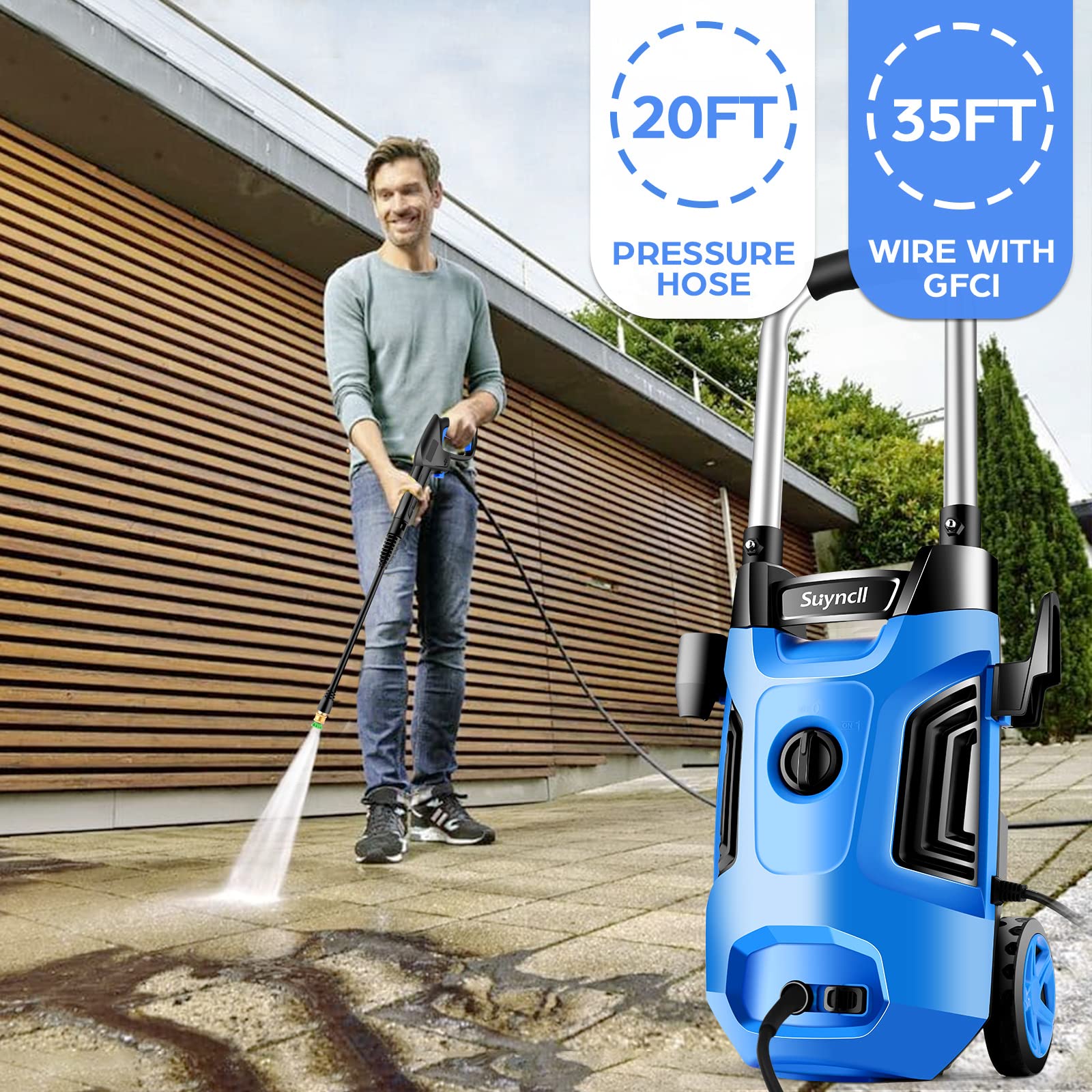 Suyncll Electric Pressure Washer Powered, 2.5 GPM Power Washer 1800W High Pressure Car Cleaner with 4 Nozzles, 20 Ft Hose & 35 Ft Wire, CSA Compliant, Blue