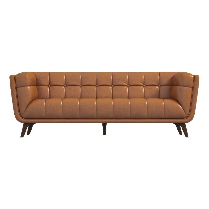 Ashcroft Furniture Co Allen Mid Century Modern Tufted Genuine Leather Sofa in Cognac Tan