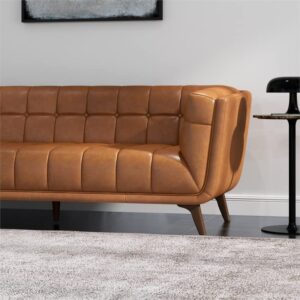 Ashcroft Furniture Co Allen Mid Century Modern Tufted Genuine Leather Sofa in Cognac Tan