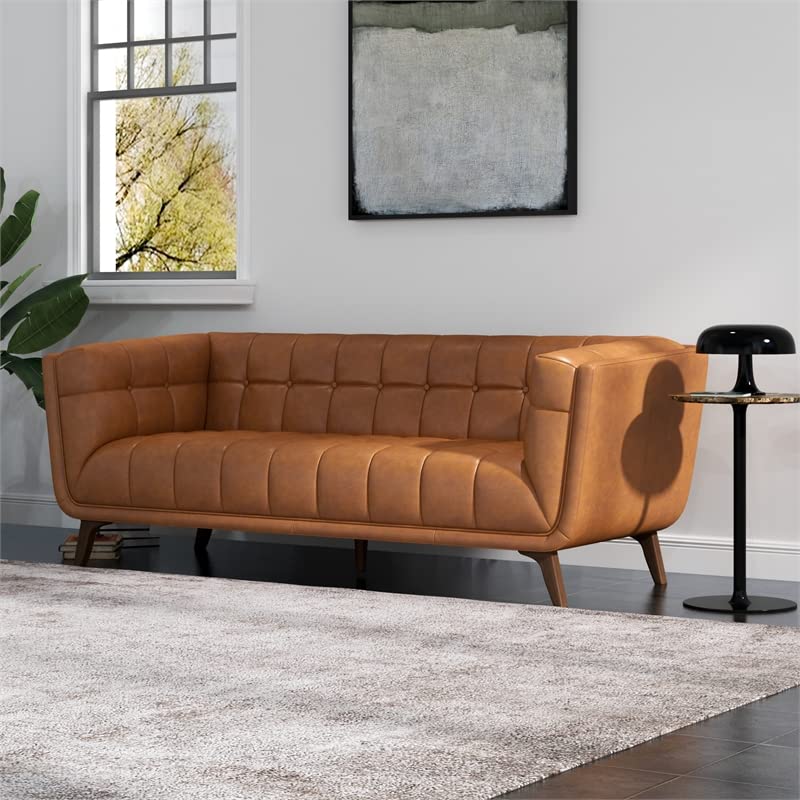 Ashcroft Furniture Co Allen Mid Century Modern Tufted Genuine Leather Sofa in Cognac Tan