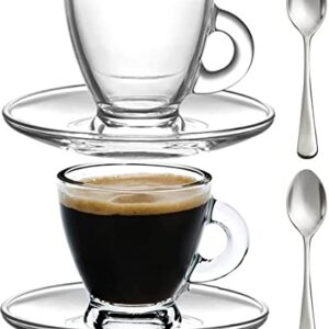 Espresso Cups, 3.2-Ounce. Small Demitasse Clear Glass Espresso Drinkware, Set Of 2 Cups, Saucers and Stainless Steel mini Spoons, Hostess, Coffee Lover/Enthusiast,