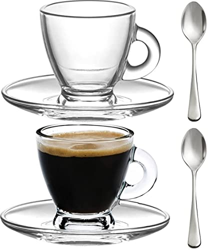 Espresso Cups, 3.2-Ounce. Small Demitasse Clear Glass Espresso Drinkware, Set Of 2 Cups, Saucers and Stainless Steel mini Spoons, Hostess, Coffee Lover/Enthusiast,