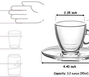 Espresso Cups, 3.2-Ounce. Small Demitasse Clear Glass Espresso Drinkware, Set Of 2 Cups, Saucers and Stainless Steel mini Spoons, Hostess, Coffee Lover/Enthusiast,