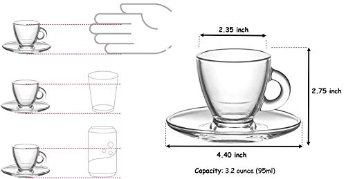 Espresso Cups, 3.2-Ounce. Small Demitasse Clear Glass Espresso Drinkware, Set Of 2 Cups, Saucers and Stainless Steel mini Spoons, Hostess, Coffee Lover/Enthusiast,