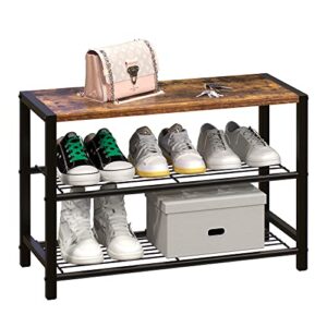 yusong shoe rack, 3 tier shoe organizer storage for closet entryway, narrow slim metal shoe shelves with industrial wooden top, rustic brown and black