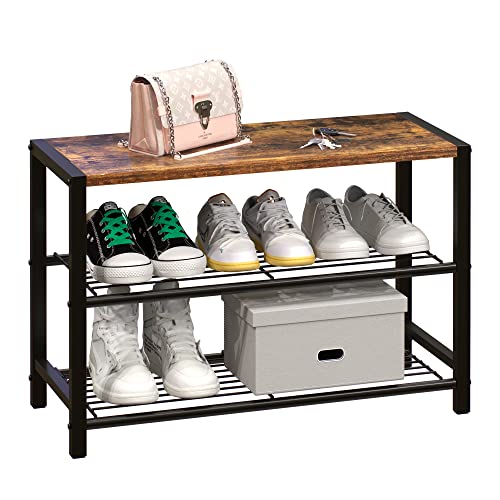 Yusong Shoe Rack, 3 Tier Shoe Organizer Storage for Closet Entryway, Narrow Slim Metal Shoe Shelves with Industrial Wooden Top, Rustic Brown and Black