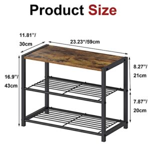 Yusong Shoe Rack, 3 Tier Shoe Organizer Storage for Closet Entryway, Narrow Slim Metal Shoe Shelves with Industrial Wooden Top, Rustic Brown and Black