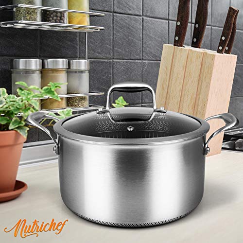 NutriChef 5 QT Stainless Steel Stew Pot - Triply Kitchenware Stew Pot with Glass Lid - DAKIN Etching Non-Stick Coating, Scratch-resistant Raised-up Honeycomb Fire Textured Pattern - NutriChef NC3PCAS