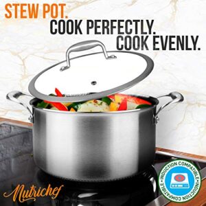 NutriChef 5 QT Stainless Steel Stew Pot - Triply Kitchenware Stew Pot with Glass Lid - DAKIN Etching Non-Stick Coating, Scratch-resistant Raised-up Honeycomb Fire Textured Pattern - NutriChef NC3PCAS