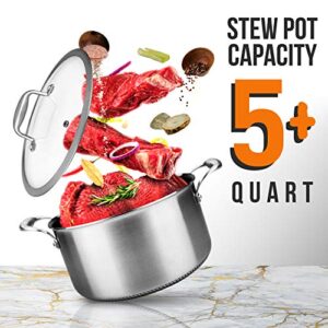 NutriChef 5 QT Stainless Steel Stew Pot - Triply Kitchenware Stew Pot with Glass Lid - DAKIN Etching Non-Stick Coating, Scratch-resistant Raised-up Honeycomb Fire Textured Pattern - NutriChef NC3PCAS