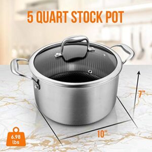 NutriChef 5 QT Stainless Steel Stew Pot - Triply Kitchenware Stew Pot with Glass Lid - DAKIN Etching Non-Stick Coating, Scratch-resistant Raised-up Honeycomb Fire Textured Pattern - NutriChef NC3PCAS