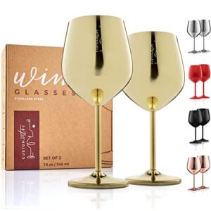 gusto nostro stainless steel wine glass - 18 oz unbreakable gold wine glasses for travel, camping and pool - fancy, unique and cute portable metal wine glass for outdoor events, picnics (set of 2)