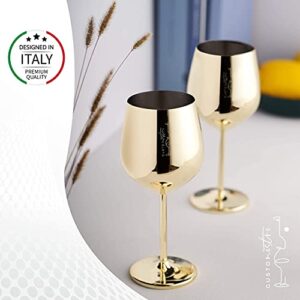 Gusto Nostro Stainless Steel Wine Glass - 18 oz Unbreakable Gold Wine Glasses for Travel, Camping and Pool - Fancy, Unique and Cute Portable Metal Wine Glass for Outdoor Events, Picnics (Set of 2)